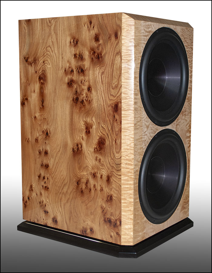 F25 subwoofers in elm burl with quilted maple front baffles